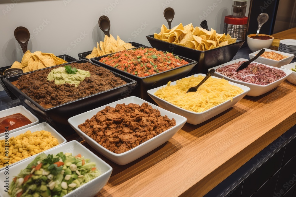 tacos, burritos, and nachos bar with endless options for creating the ...