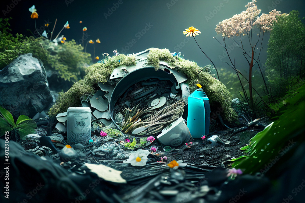 Plastic pollution in nature. Plastic waste in nature. Several plastic ...