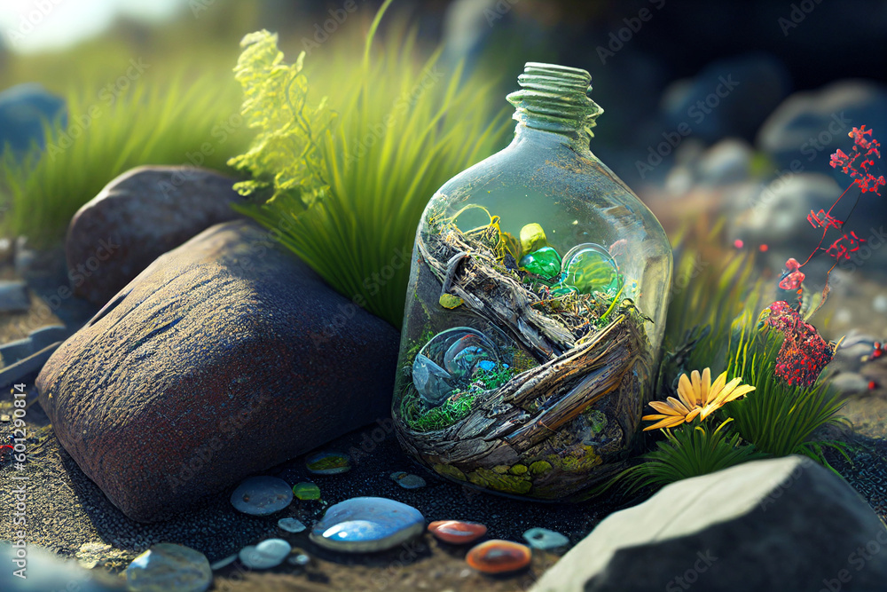 Plastic pollution in nature. Plastic waste in nature. Several plastic ...