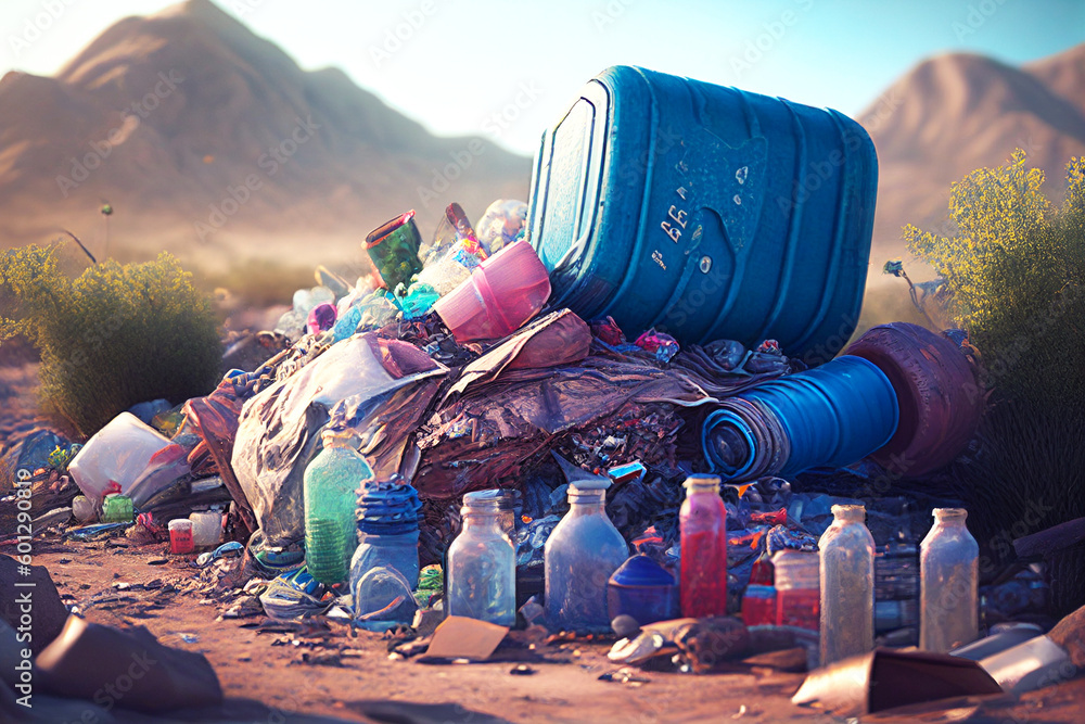 Plastic pollution in nature. Plastic waste in nature. Several plastic ...