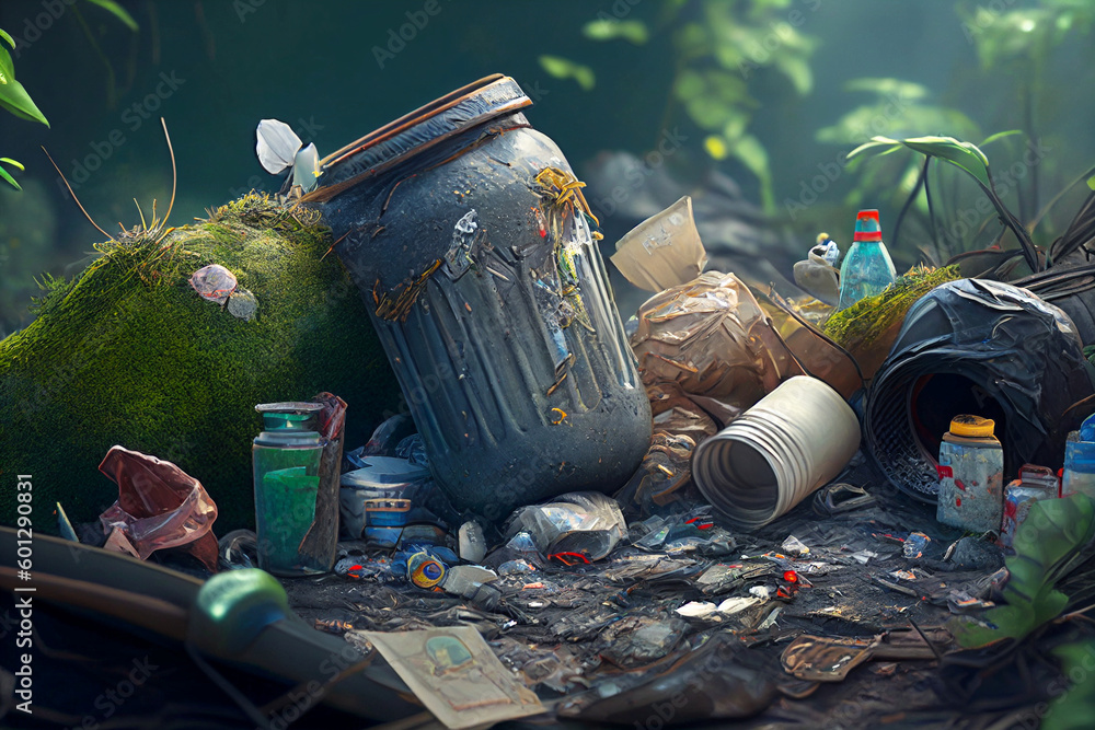 Plastic pollution in nature. Plastic waste in nature. Several plastic ...