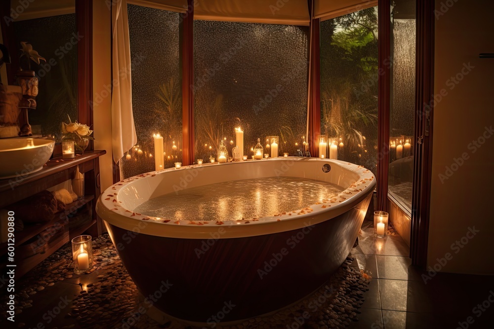 bathroom, with steamy bathroom and soothing bubble bath, setting the ...