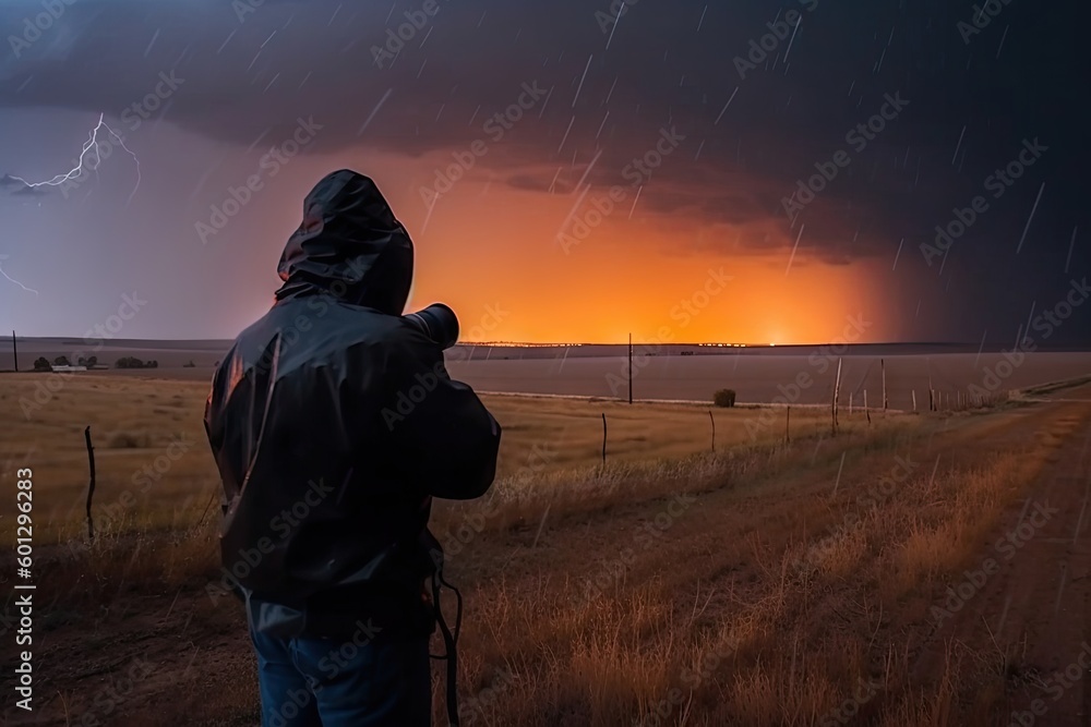 storm chaser in extreme weather conditions, with lightning and rain ...