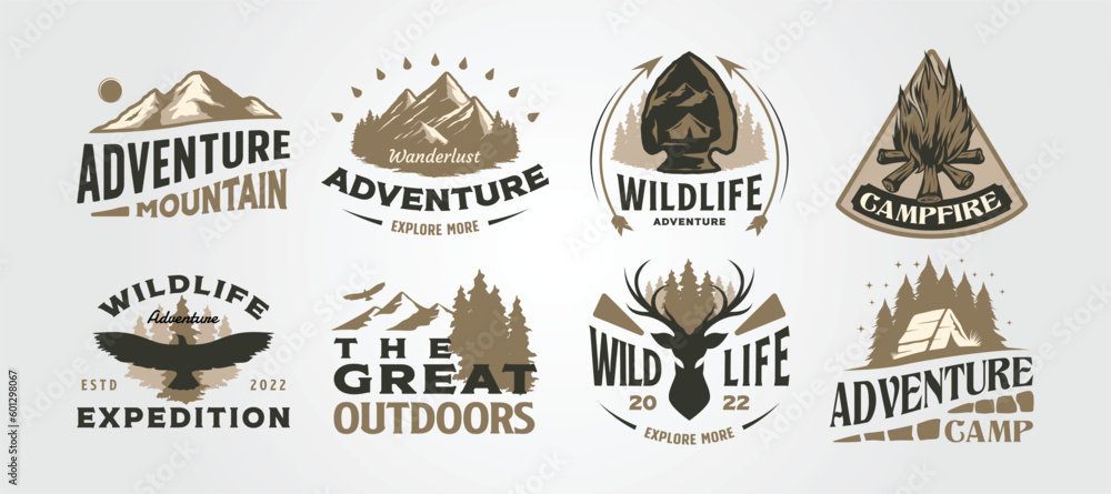 set of outdoor logo vector illustration design, adventure camp wild ...