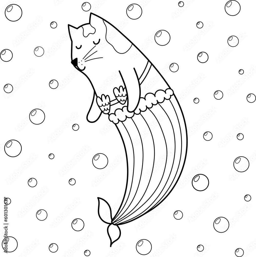Cute Mermaid Cat Underwater Coloring Page Funny Feline Character Print