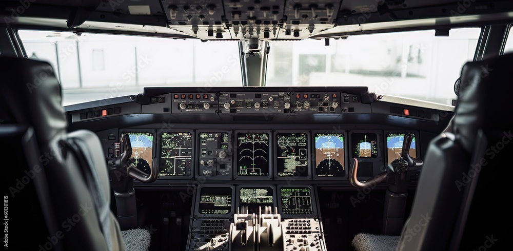 Cockpit pilot Flight Deck display. Throttle jet cabin with control ...