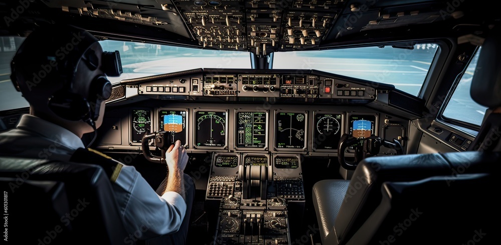 Cockpit pilot Flight Deck display. Throttle jet cabin with control ...