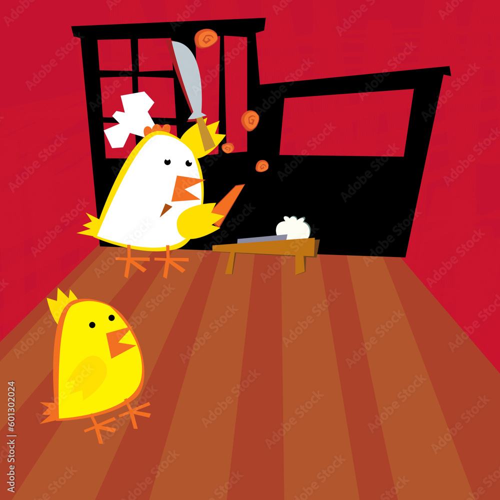 cartoon scene with happy chicken rooster cooking in the kitchen ...