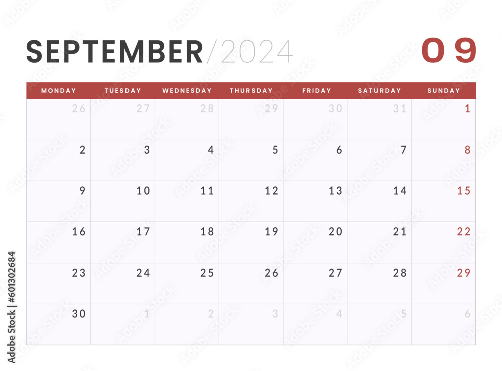 Monthly Calendar Template of september 2024. Vector layout of a wall or ...