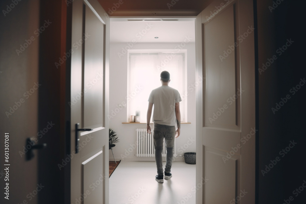 Back rear view of unrecognizable young man walking in his apartment ...