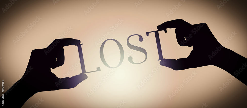 Poster Lost - human hands holding black silhouette word – Wall Art ...
