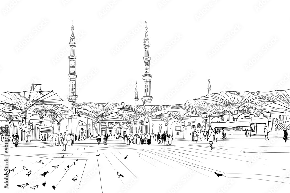Al-Masjid an-Nabawi. Medina Saudi Arabia. Hand drawn sketch. Vector ...
