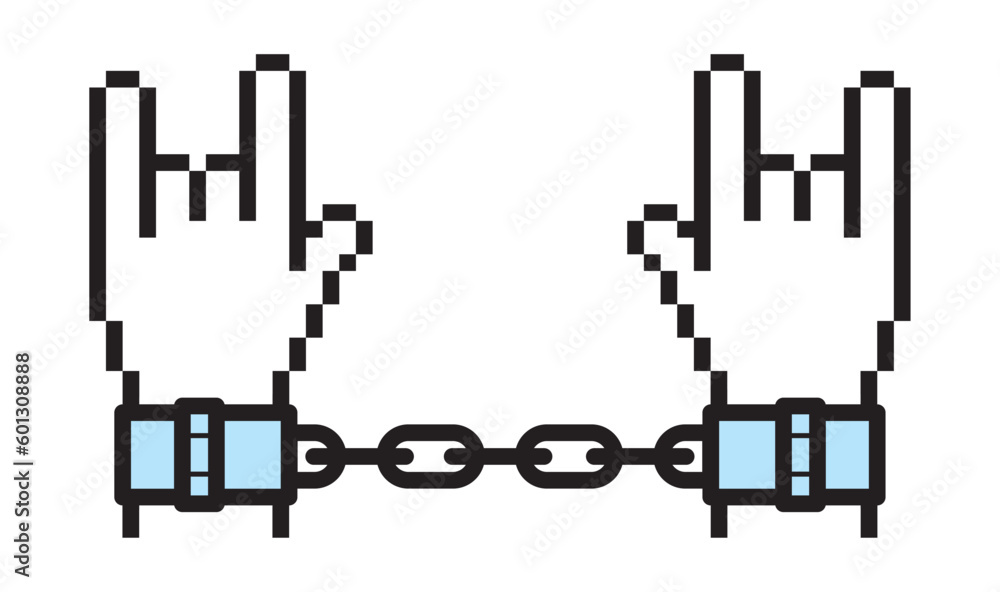 Vector pixel cursor hand icon with handcuffs. Isolated on white ...