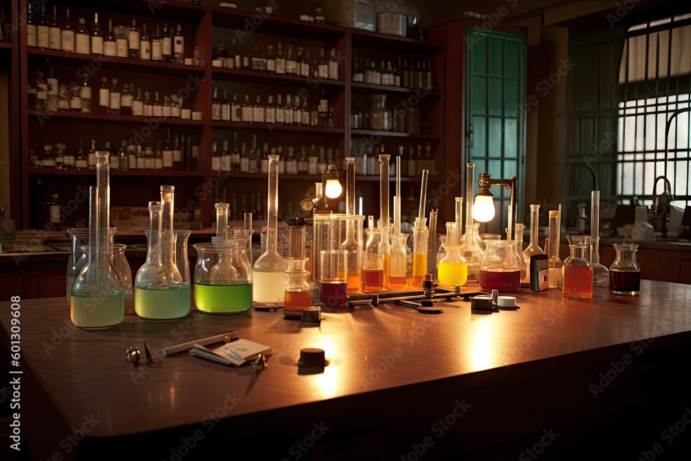 chemistry lab, with beakers, flasks and test tubes standing ready for a ...