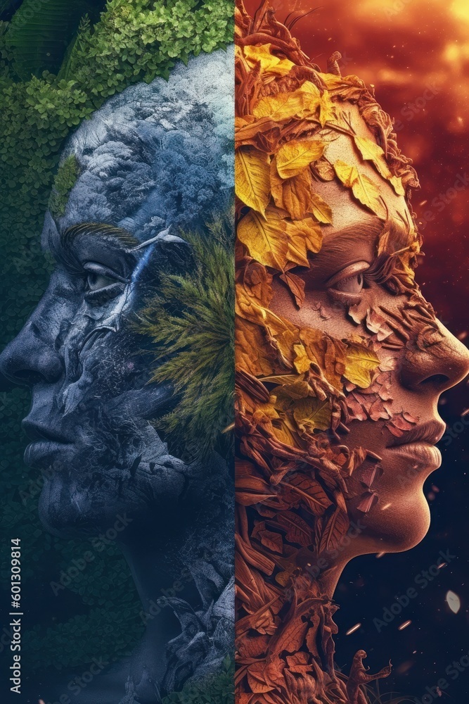 Two human faces. Side view. Nature vs human, surreal conception ...