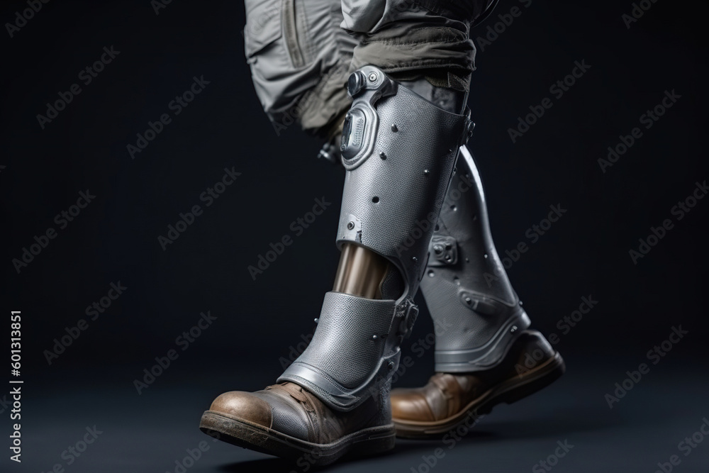 Demonstration of modern prosthetic legs foot feet on black background ...