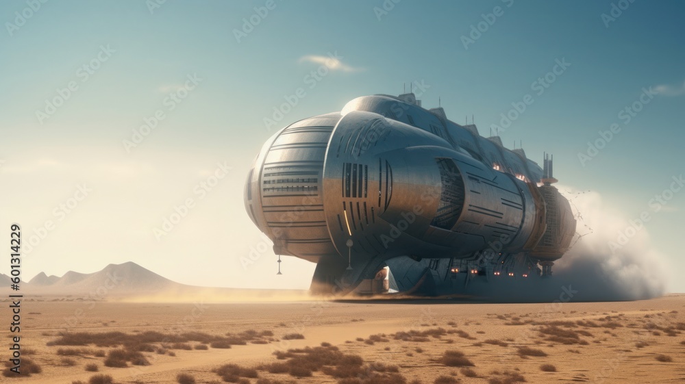 A futuristic metal all-terrain vehicle in the desert on the surface of ...