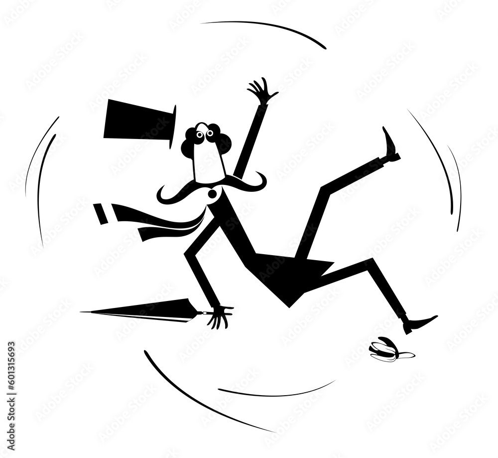 Funny man in the top hat falling banana peel. Cartoon man in the top ...