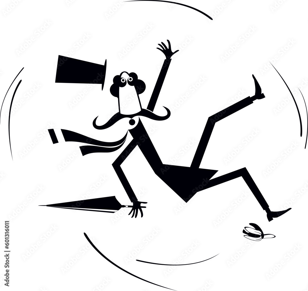 Vetor de Funny man in the top hat falling banana peel. Cartoon man in ...