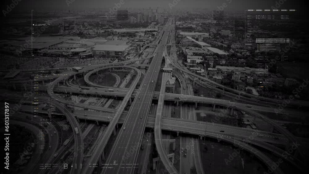 Futuristic HUD drone - satellite view of traffic surveillance on a busy ...
