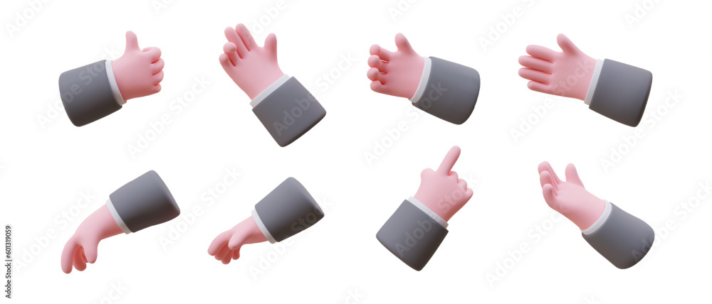 Sign language. Set of 3D icons of male hand gestures. Movements with ...