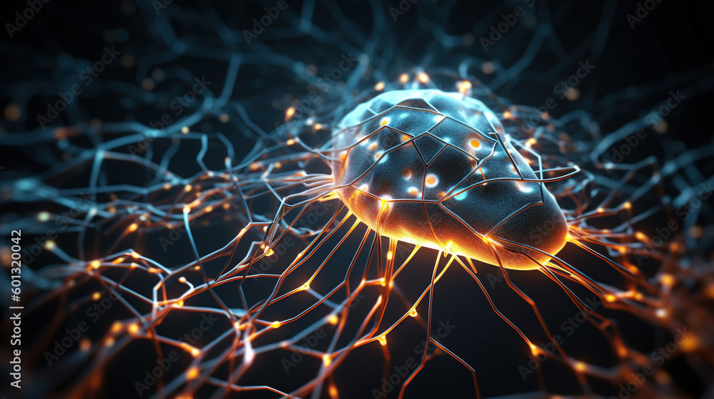 Fictitious glowing brain background with neural links network. Generative AI representing ...