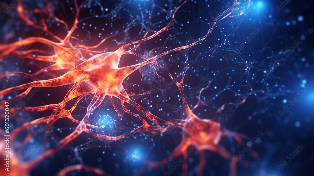 Fictitious glowing brain background with neural links network. Generative AI representing ...