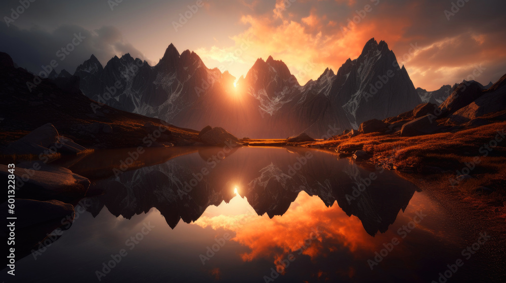 Serene mountain lake during sunset, with the sun setting behind the ...