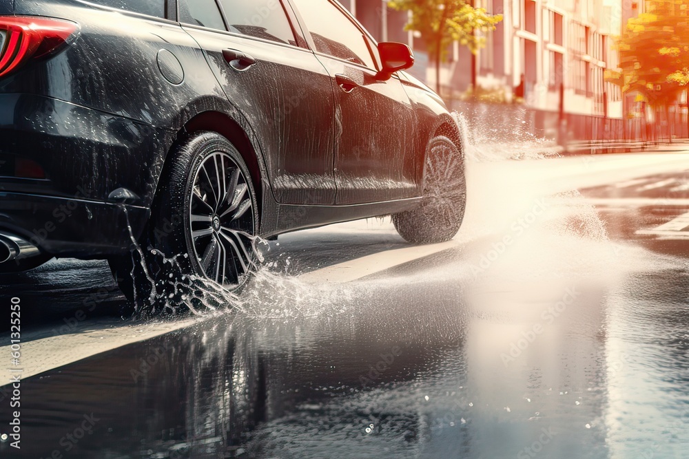 rainwater spraying from car wheels. city road during heavy rain ...