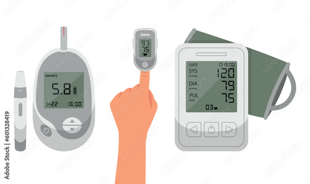 Set blood glucose meters and tonometers in cartoon style. Vector ...