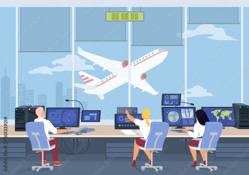 Airport control room cartoon flat vector illustration Stock Vector ...