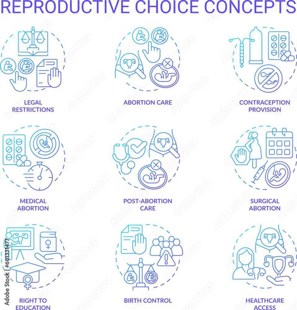 Reproductive choice blue gradient concept icons set. Female empowerment ...