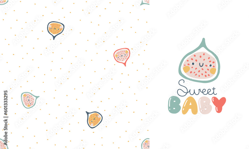 Fig character with smiley face funny inscription. Sweet Baby. A set ...