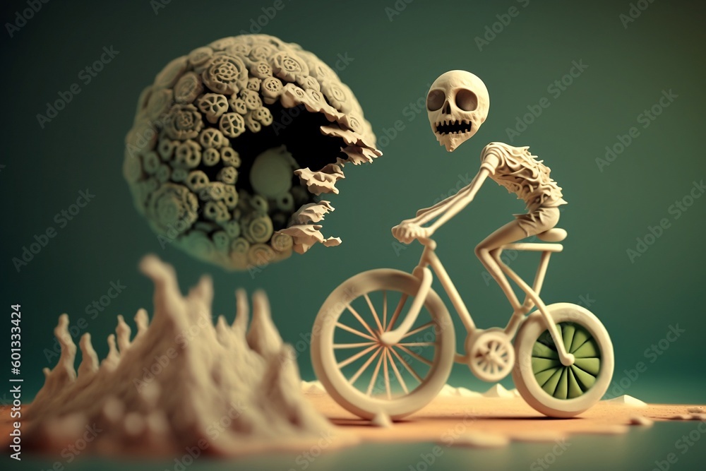 Fototapeta A skeleton clay model riding a bike bicycle with destroyed ...