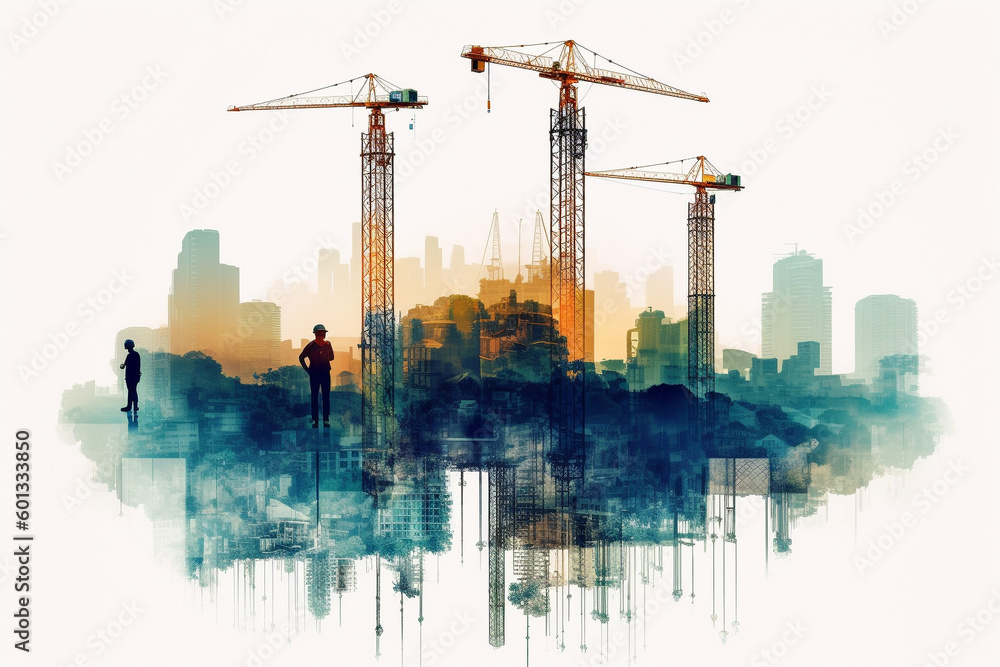 Construction site with workers and cranes, created using a double ...