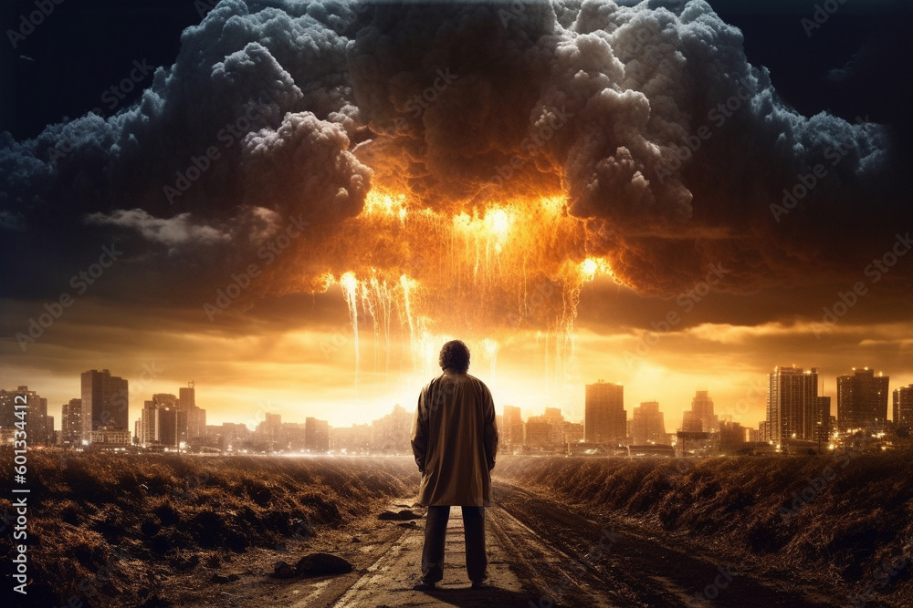 The End of All Things. Man watching the destruction of the world ...