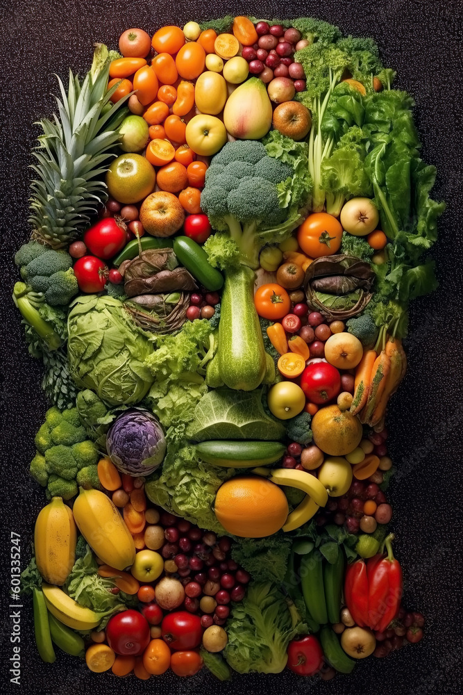human head of vegetarian of fruits and vegetables. Concept of healthy ...