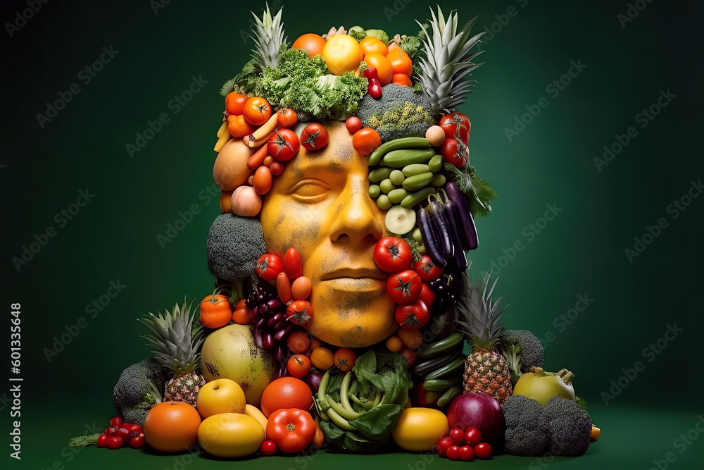 human head of vegetarian of fruits and vegetables. Concept of healthy ...