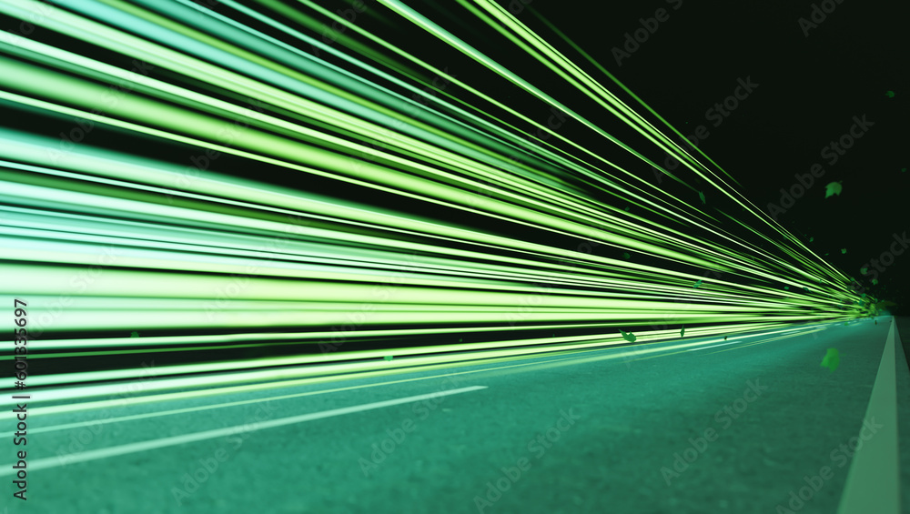 Green speed light trail on road with leaves, renewable energy highway ...