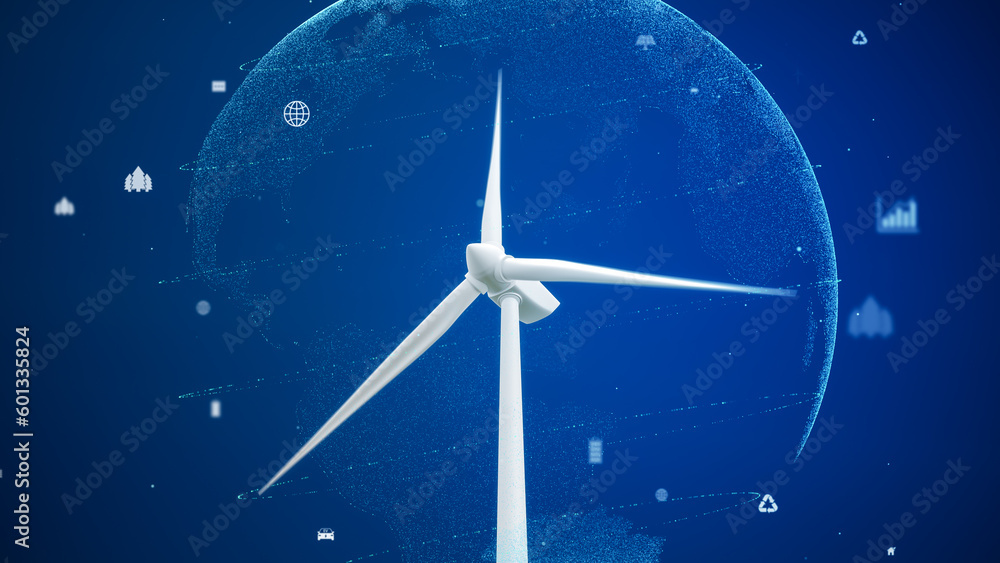 Wind turbine eco technology concept with green environment icon ...