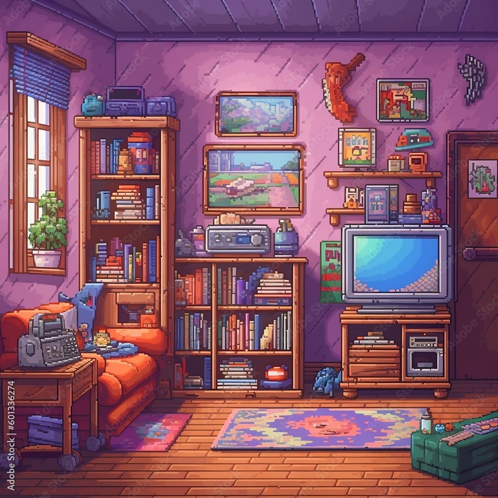 16-bit Pixel Art Room with TV and Books. Generative AI Stock ...