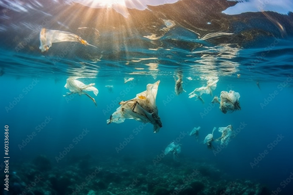 Impact of plastic pollution on the oceans, featuring plastic bags ...