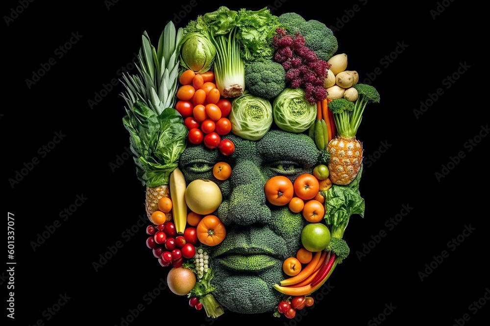 diagram of vegetarian human head of vegetables and fruits. Poster ...