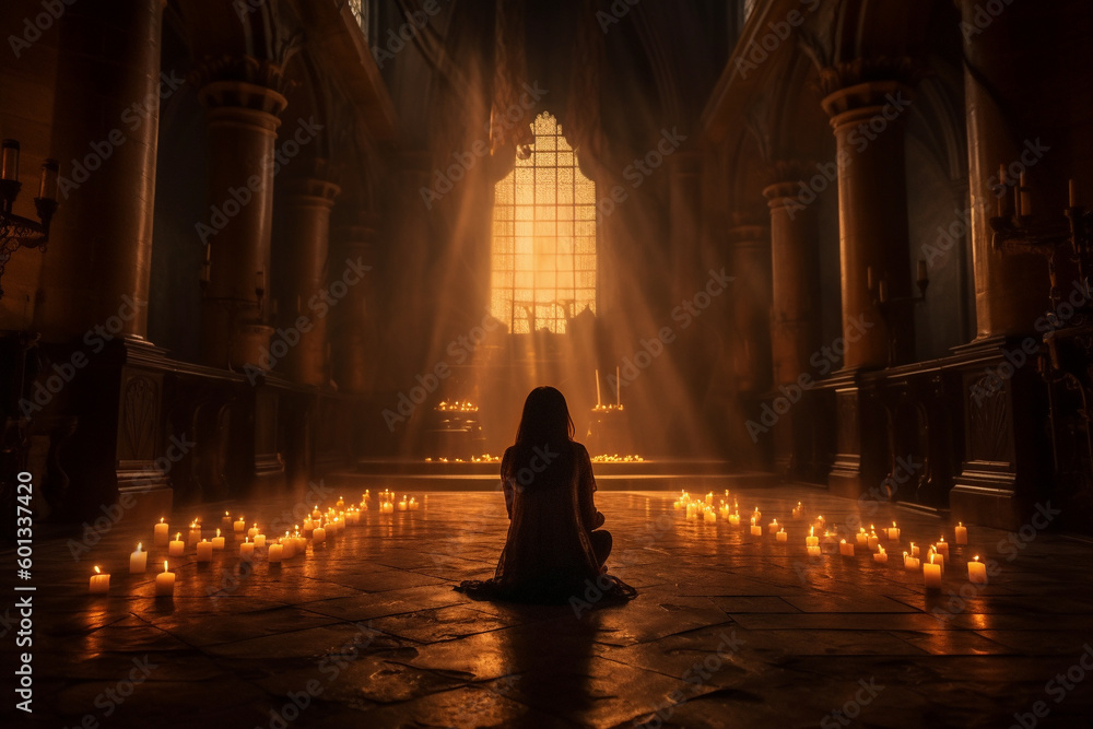 Person on their knees, praying in a gothic church with candles. The ...