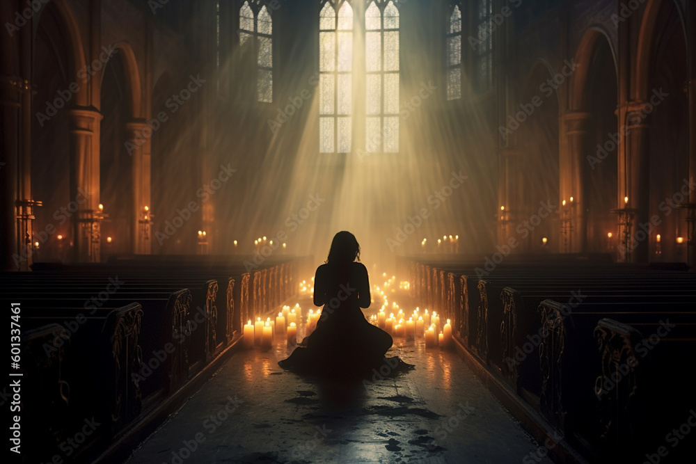 Person on their knees, praying in a gothic church with candles. The ...