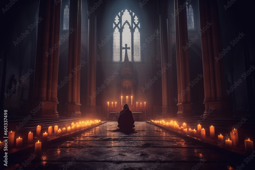Person on their knees, praying in a gothic church with candles. The ...