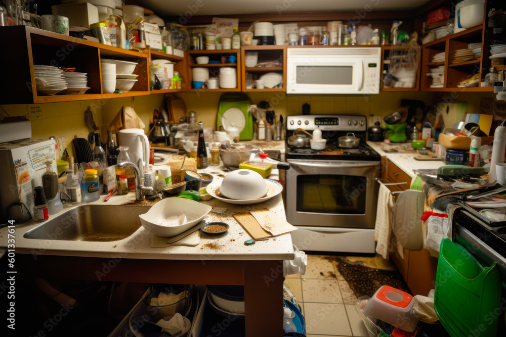 Cluttered kitchen with microwave, stove, sink, and cabinets. Generative ...