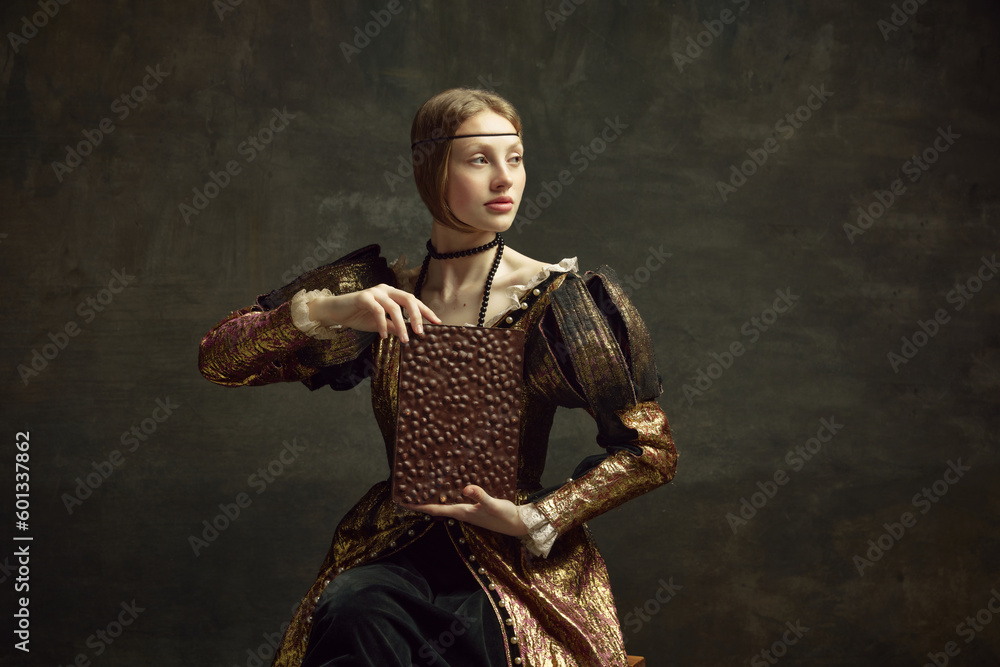 Portrait of pretty young girl, medieval royal person, princess in ...