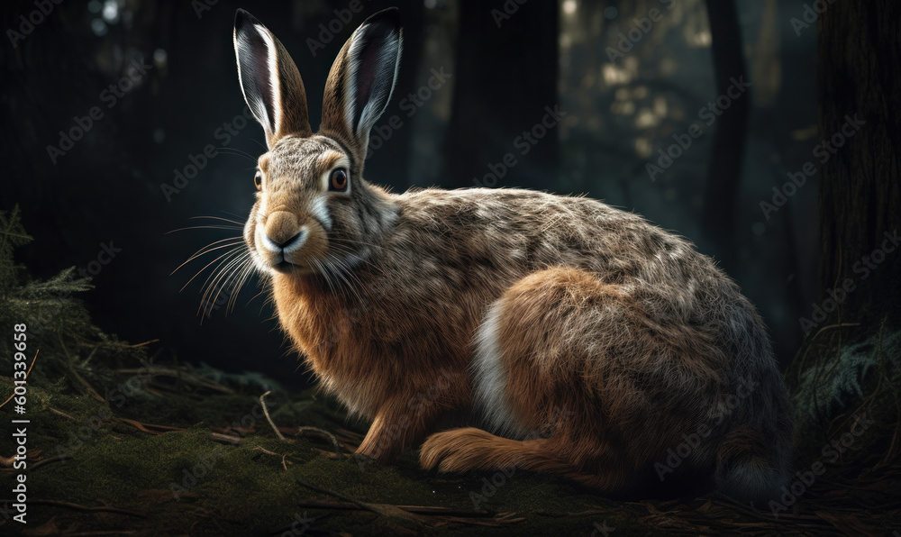 Hare (genus Lepus) captured in its natural habitat, lighting ...