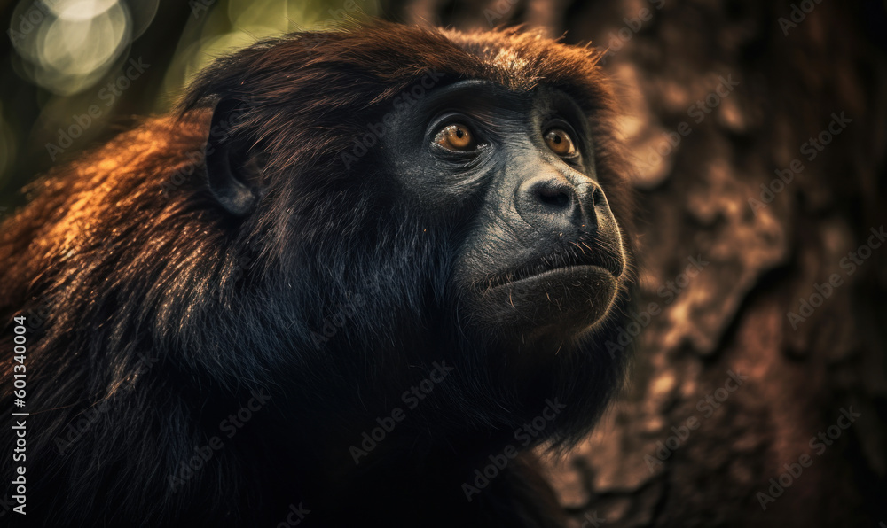 Photo of howler monkey, poised atop a towering tree in a dense ...